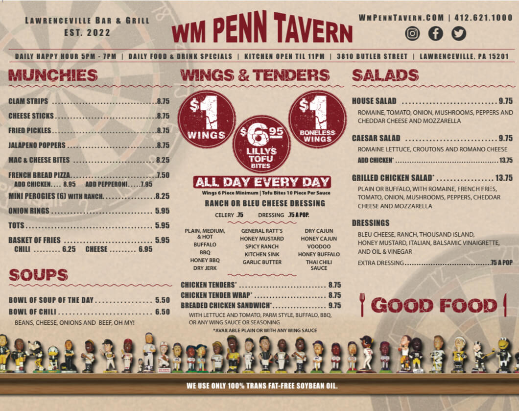 Menu | William Penn Tavern, Pittsburgh
