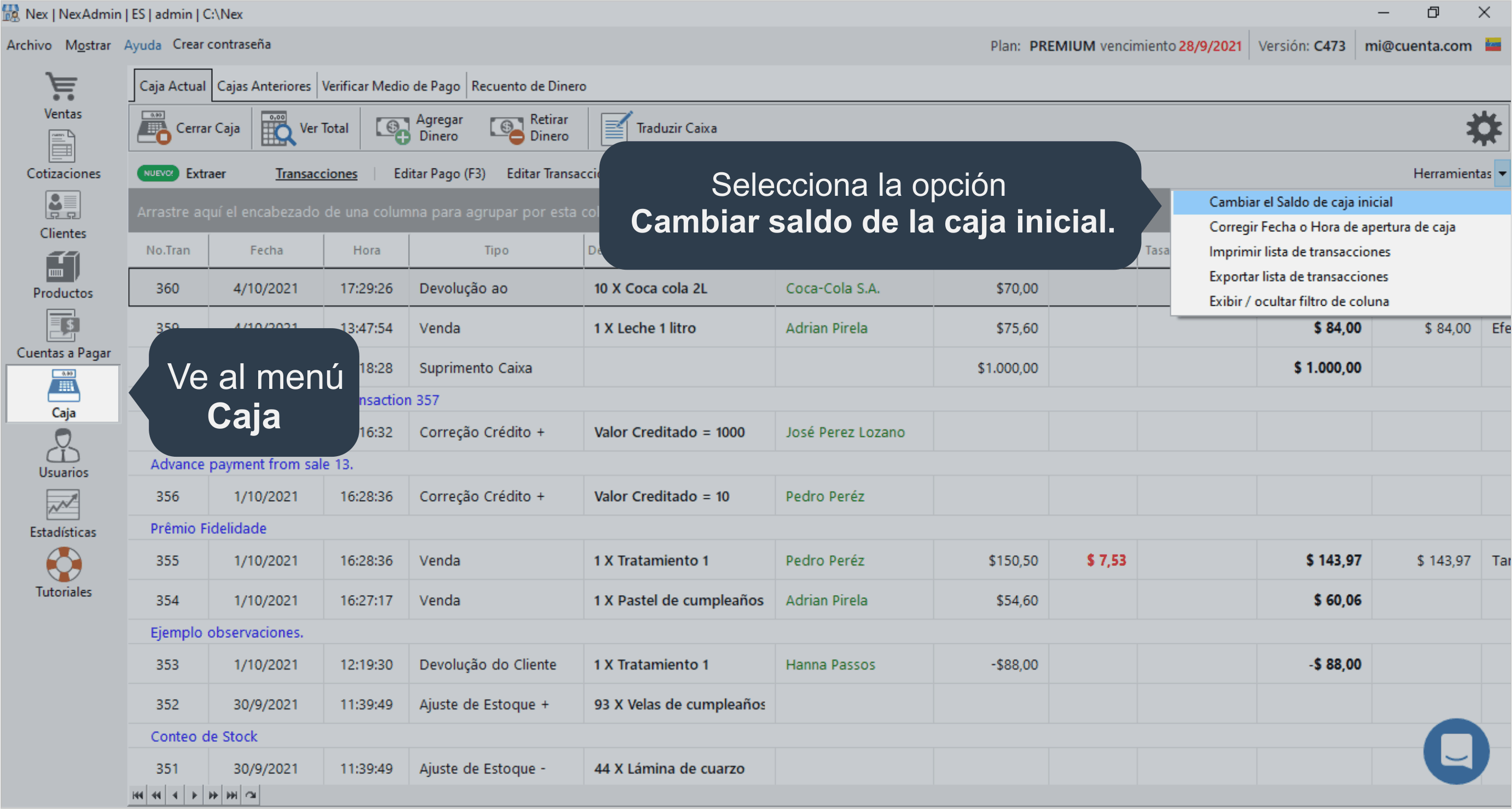 Alterar el valor inicial de la caja actual.