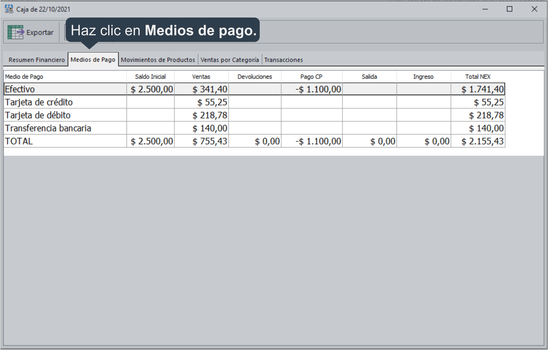 Consultar medios de pago de la caja actual.