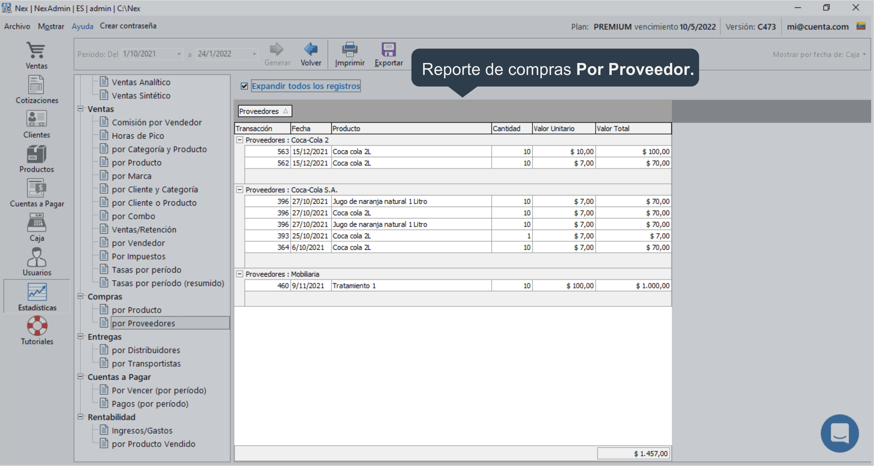 Estadísticas: Informe de compras por proveedor.