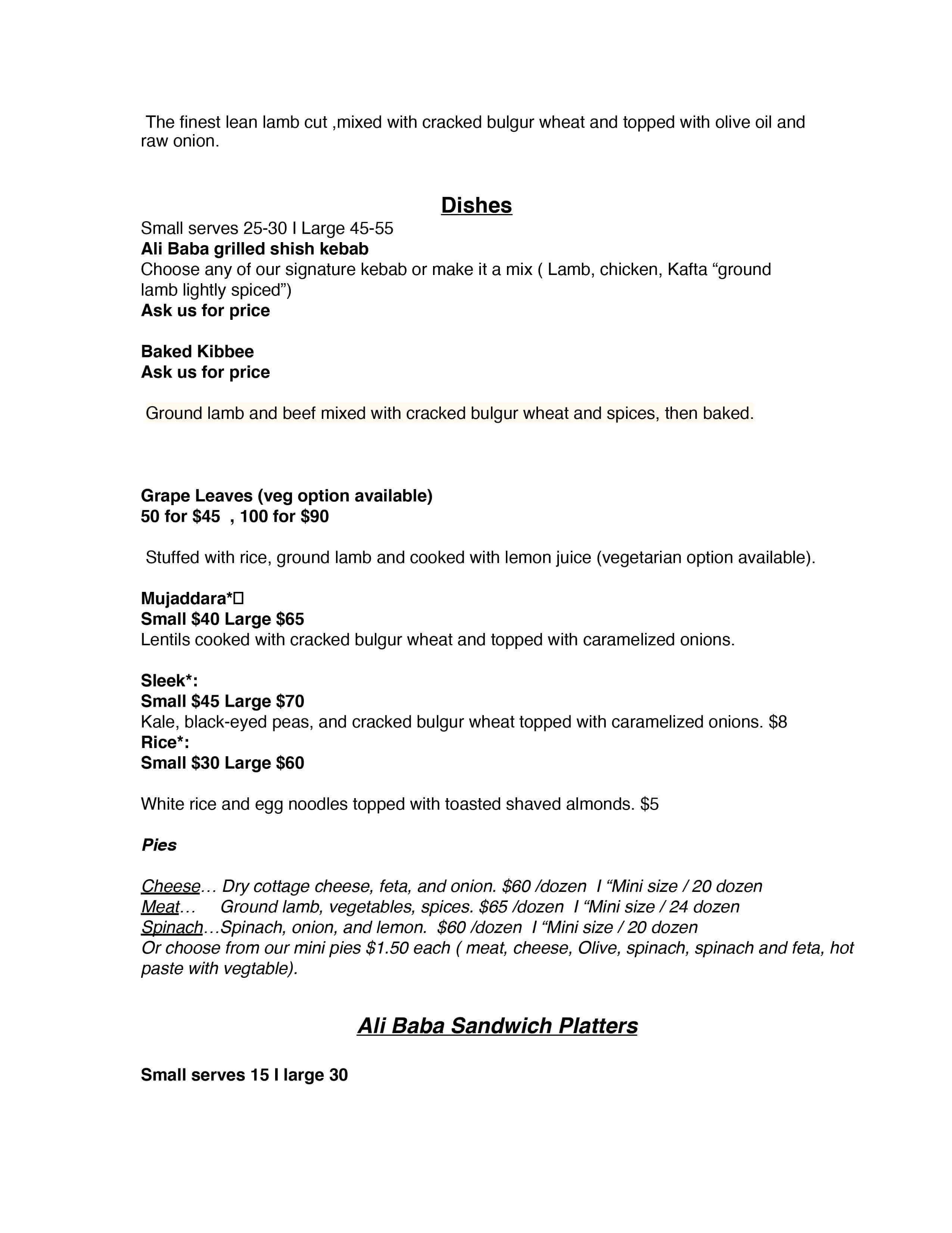 Menu | Ali Baba Restaurant in Oakland