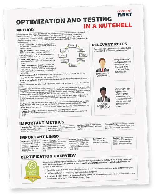 Optimization and Testing One Pager Free Resource | Content First