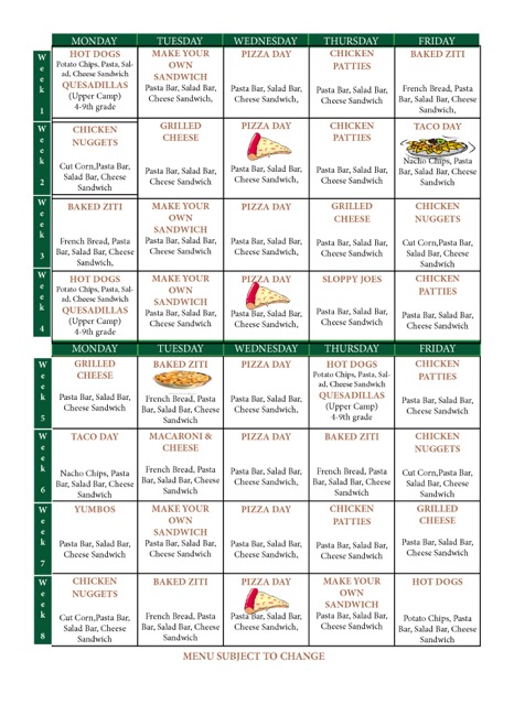 Lunch Menu Camp Hillcroft