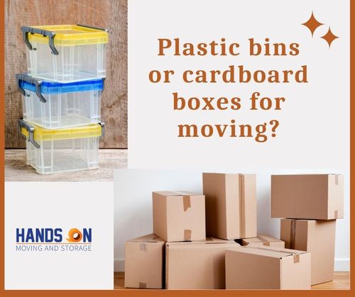 PLASTIC BINS OR CARDBOARD BOXES FOR MOVING