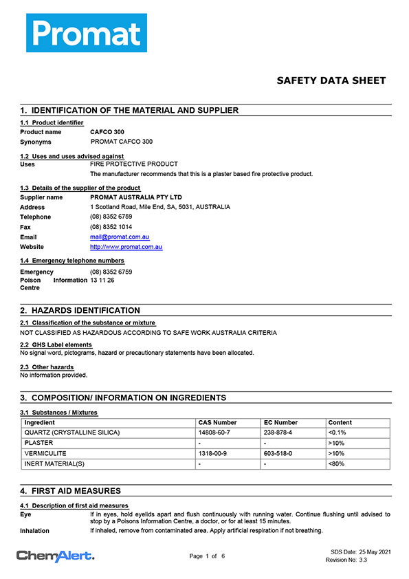 Cafco 300 vermiculite gypsum-based wet mix spray from Swart & Sons