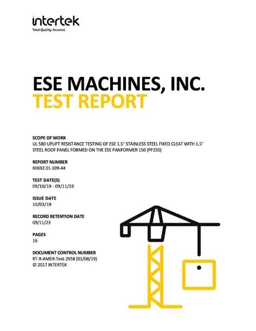 ESE Machines | Cleat Testing Reports | Coatesville, PA