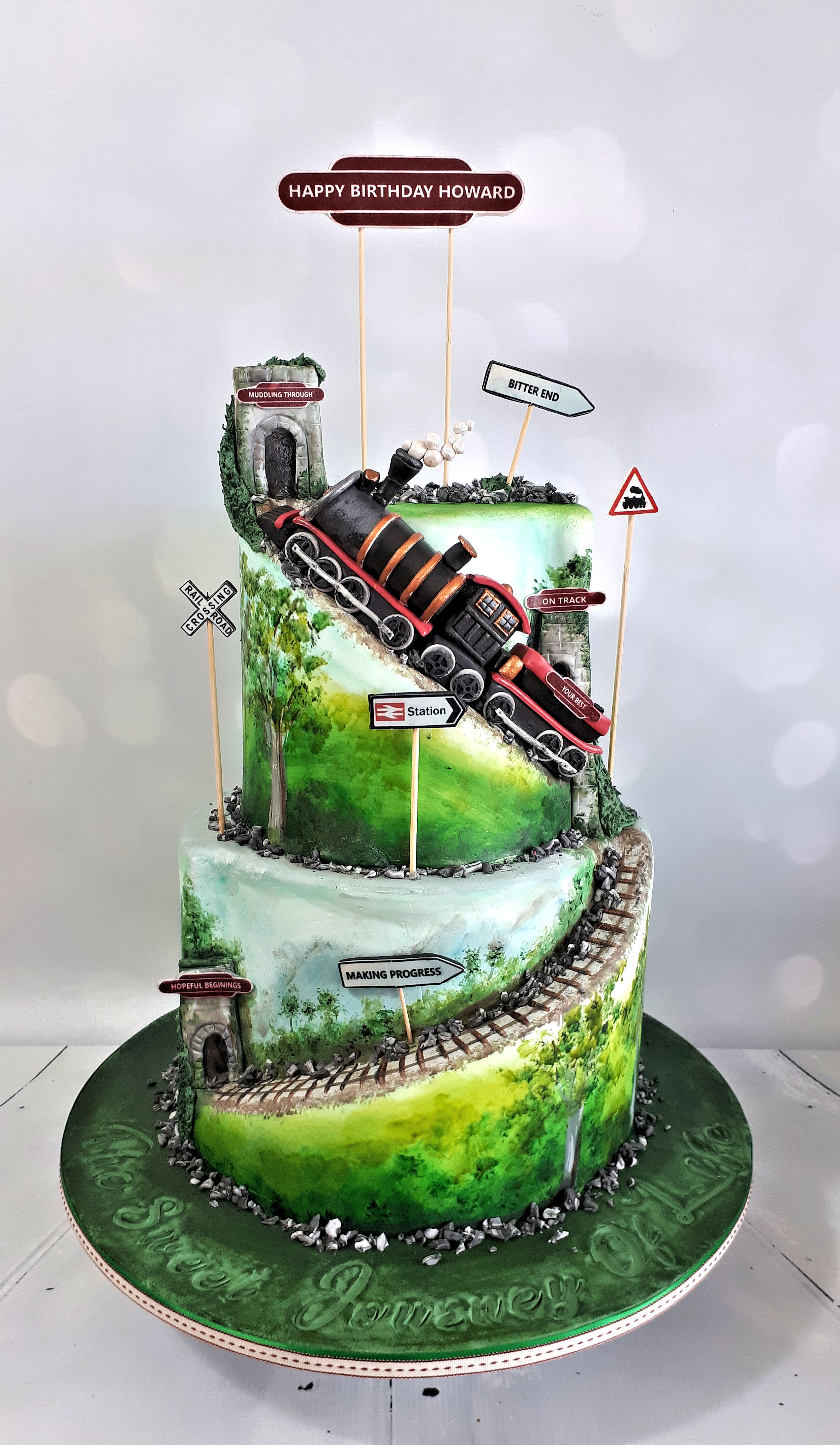 Train track countryside cake