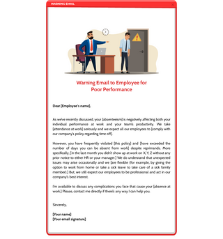 warning email to employee for poor performance Email Template | Unlayer
