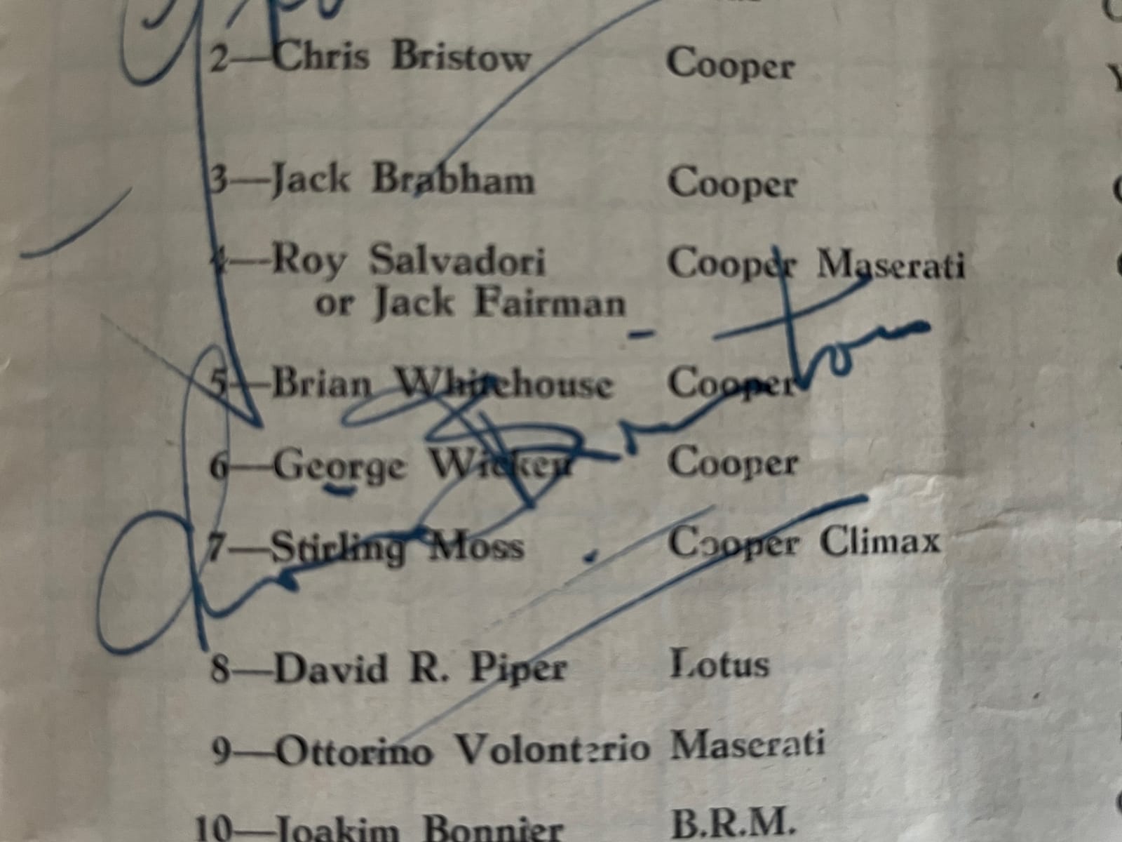 Chris Bristow, Graham Hill, McLaren, Moss and Brabham signed programme ...