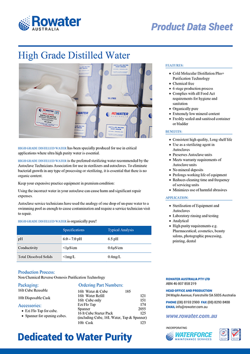 High grade distilled water