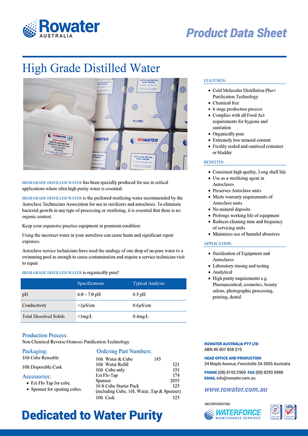 High grade distilled water
