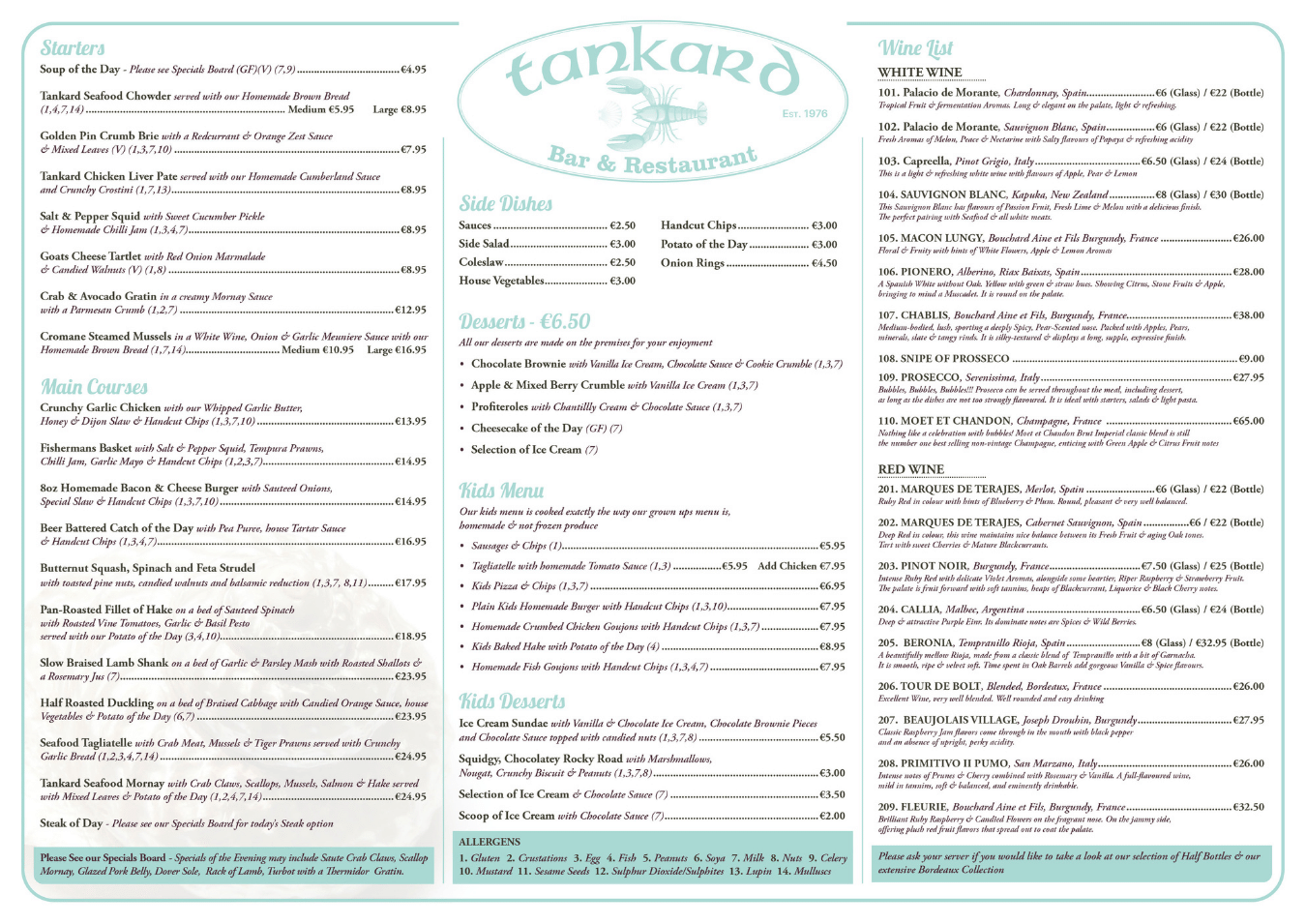 The Tankard | Menu