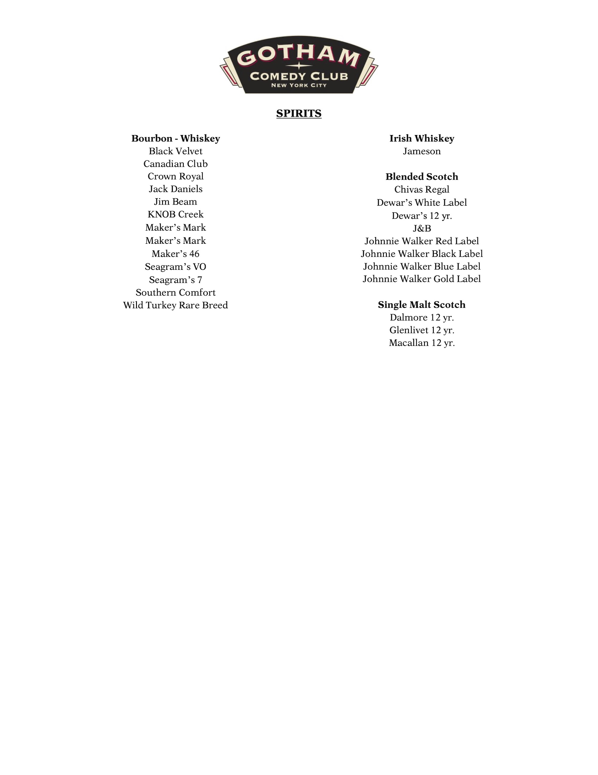 Menu | Gotham Comedy Club in New York City