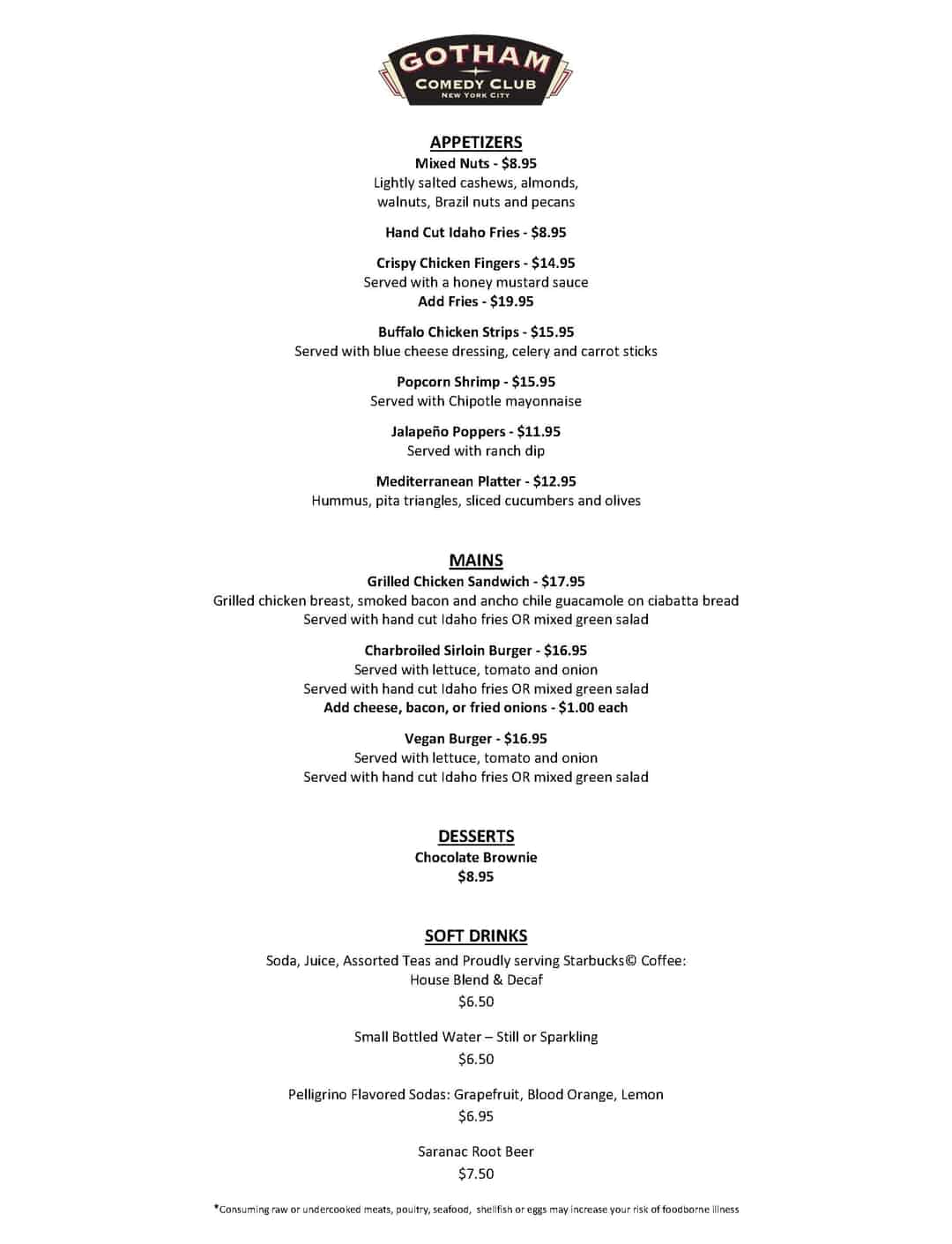 Menu | Gotham Comedy Club in New York City