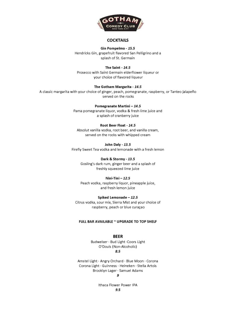 Menu | Gotham Comedy Club in New York City
