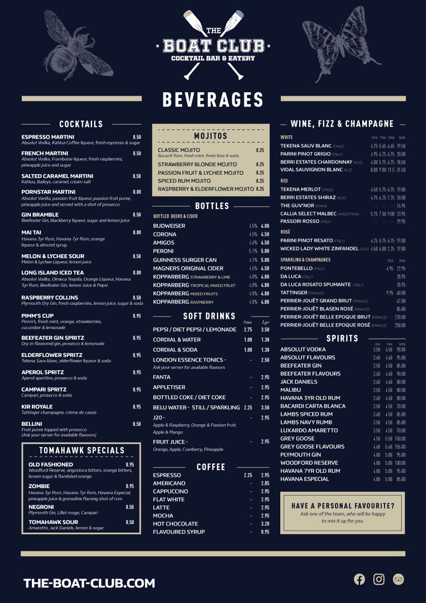 View Menus | The Boat Club, Durham - Cocktail Bar & Restaurant