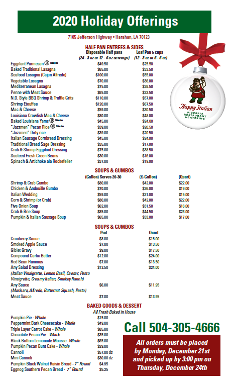 Holiday Menu from Happy Italian Pizzeria - Harahan, LA
