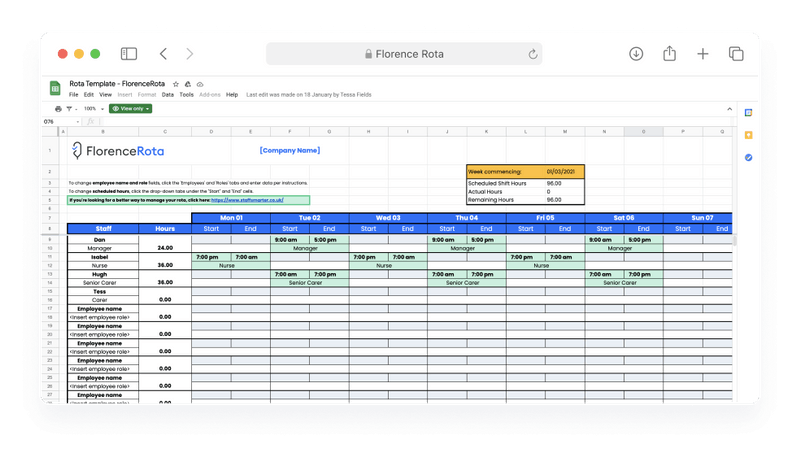 FREE rota template - Excel download for staff rota | Florence Rota