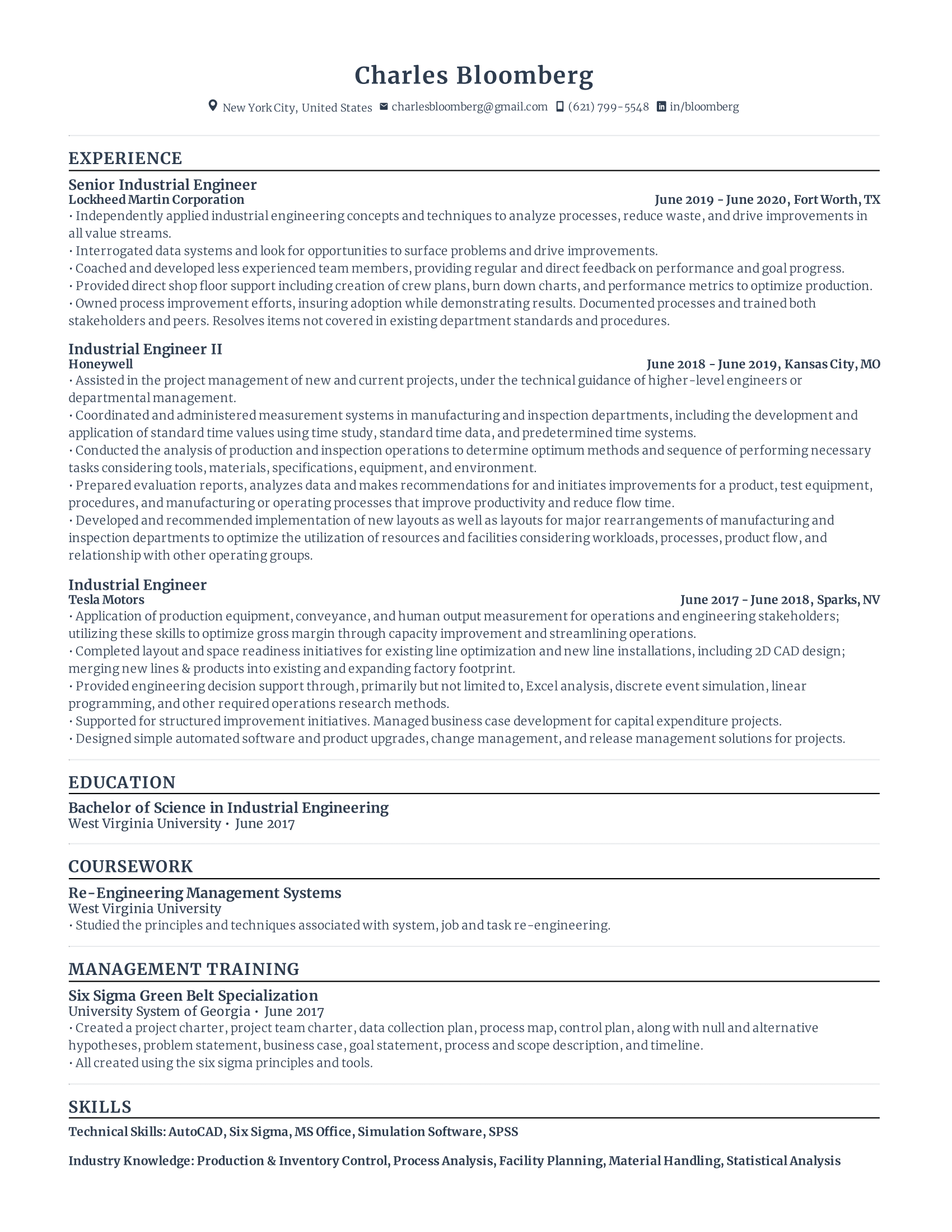 Rezi Industrial Engineer 2 Resume Template
