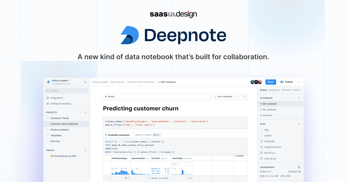 Deepnote | UI, UX Design | SaaS | Application Design | saas ui