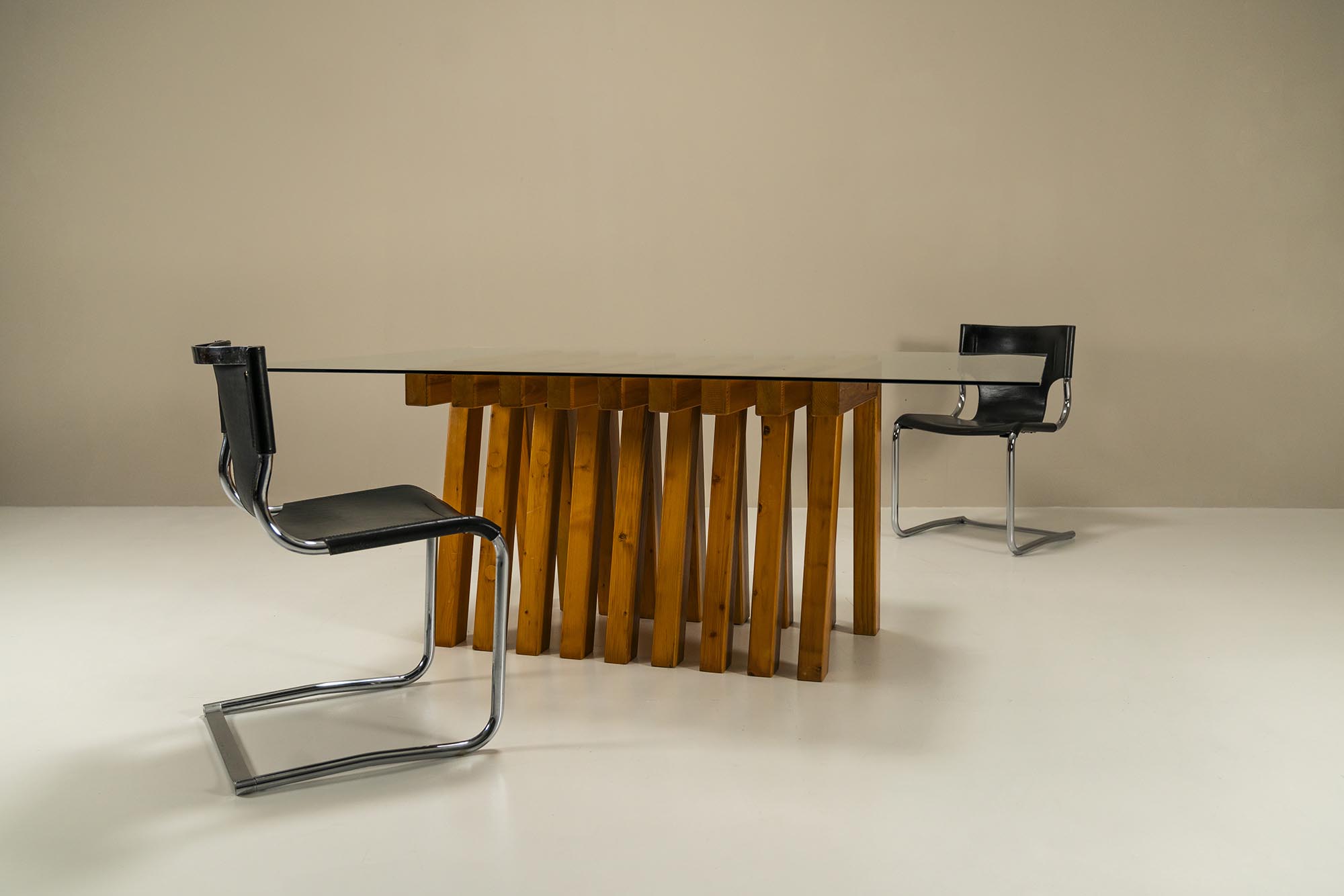 Architectural Dining Table In Pine And Glass, Italy 1970s | AtKris Studio