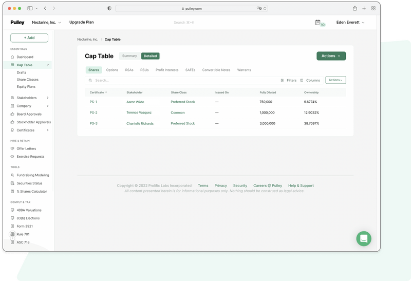 Cap table management | Easy to manage, complex cap tables | Pulley