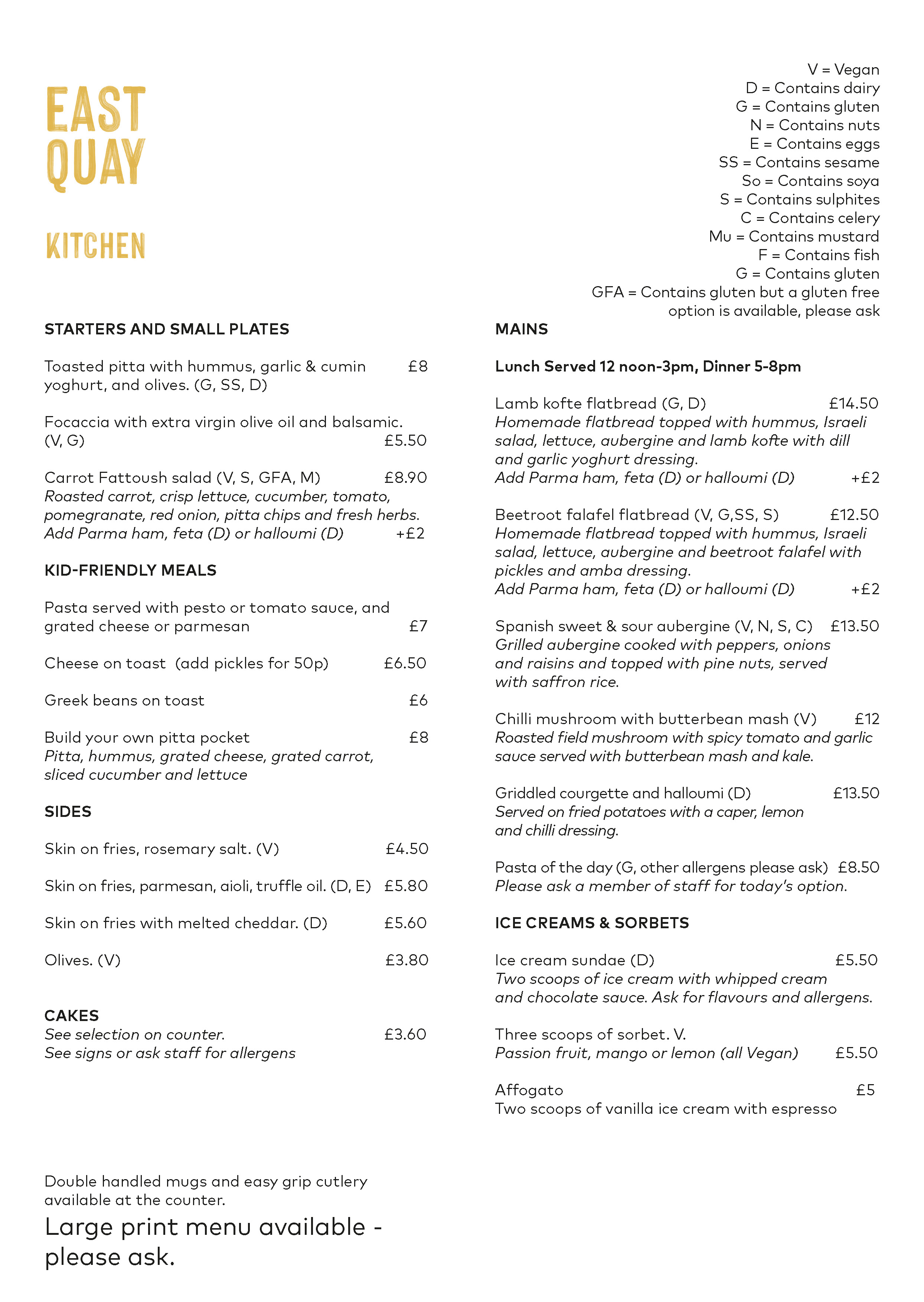 East Quay Kitchen menu
