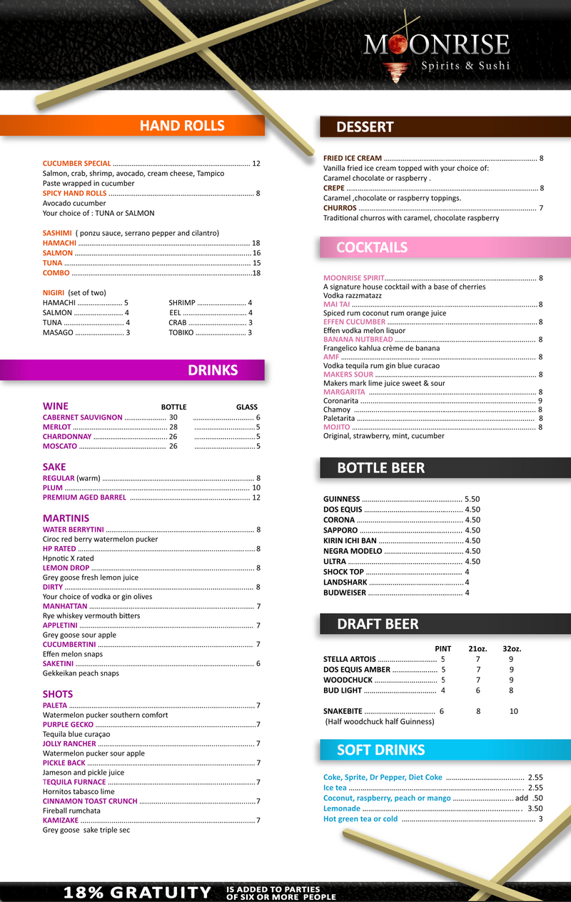 Moonrise Spirits & Sushi | El Paso Sushi | Menus