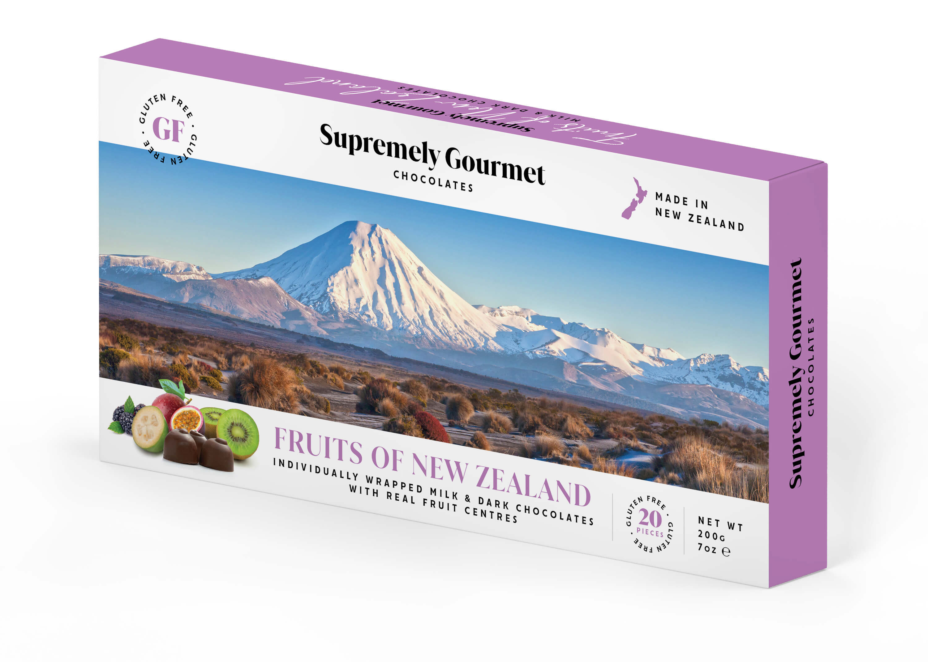 Supremely Gourmet – Fruits of New Zealand 20 piece Milk and Dark Chocolates