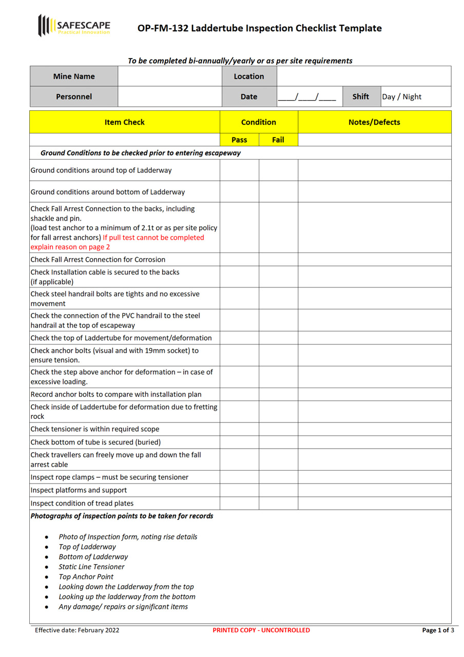 OP-FM-132 Laddertube Inspection Checklist Template | Safescape Extranet