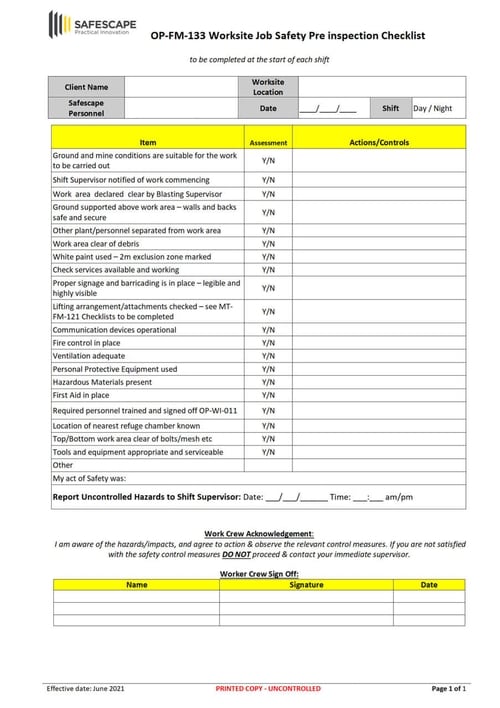 OP-FM-133 Worksite Job Safety Pre Inspection Checklist | Safescape Extranet