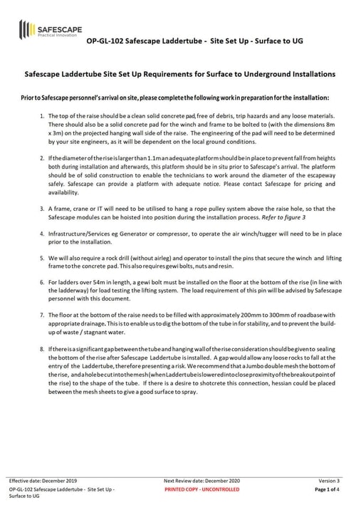 OP-GL-102 Safescape Laddertube - Site Set Up - Surface to UG ...