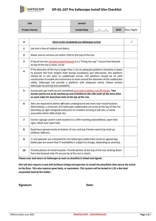 OP-GL-107 Pre Safescape Install Site Checklist | Safescape Extranet