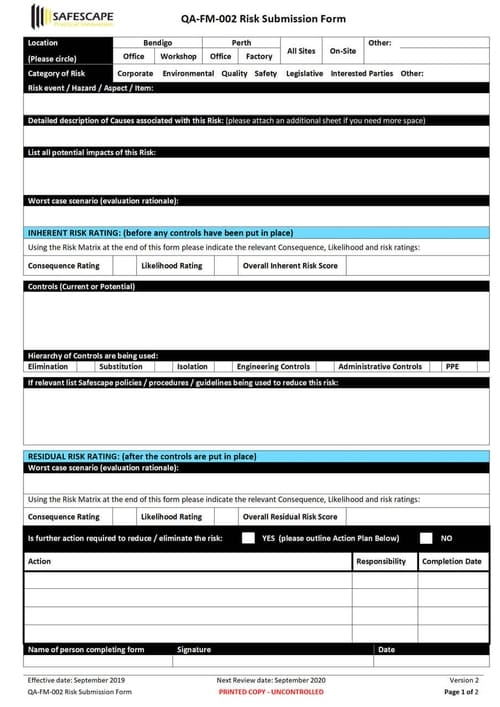 QA-FM-002 Risk Submission Form | Safescape Extranet