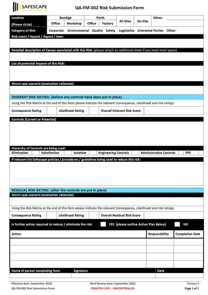 QA-FM-002 Risk Submission Form | Safescape Extranet