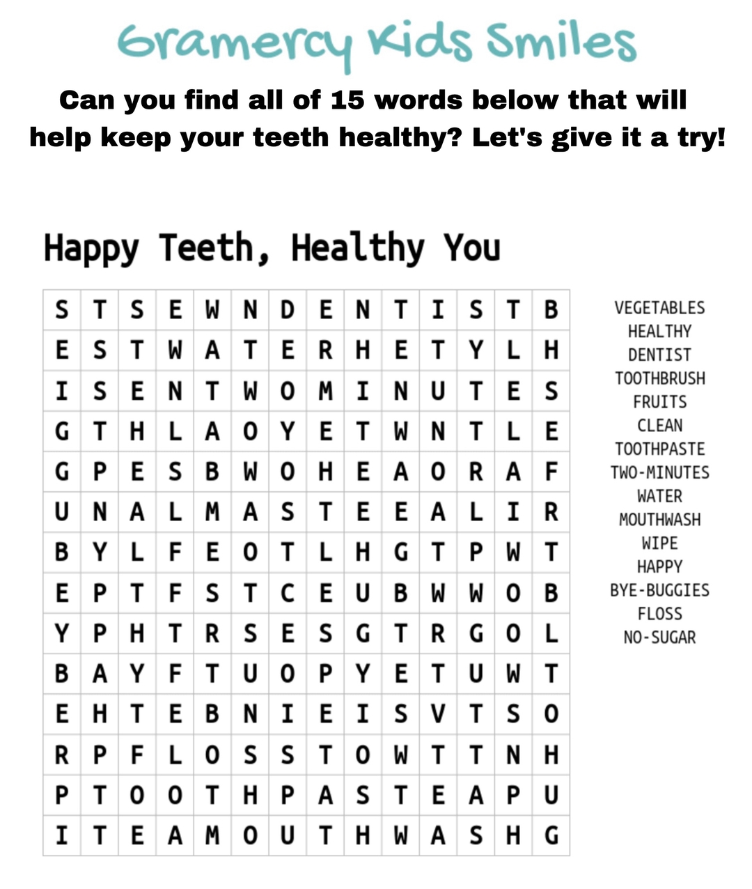 Dental Hygiene Worksheets for Kids | Gramercy Kids Smiles