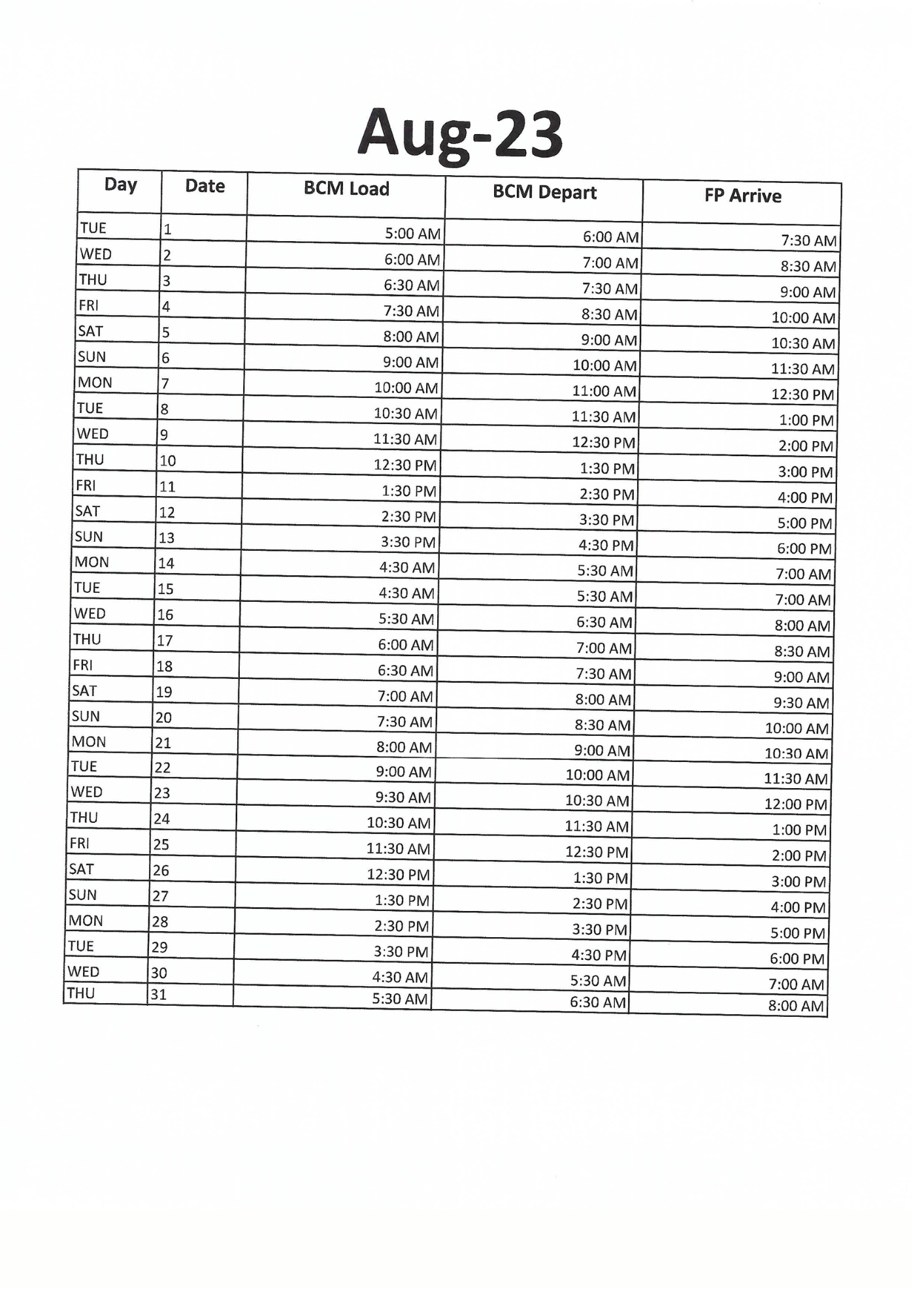Barge Schedule