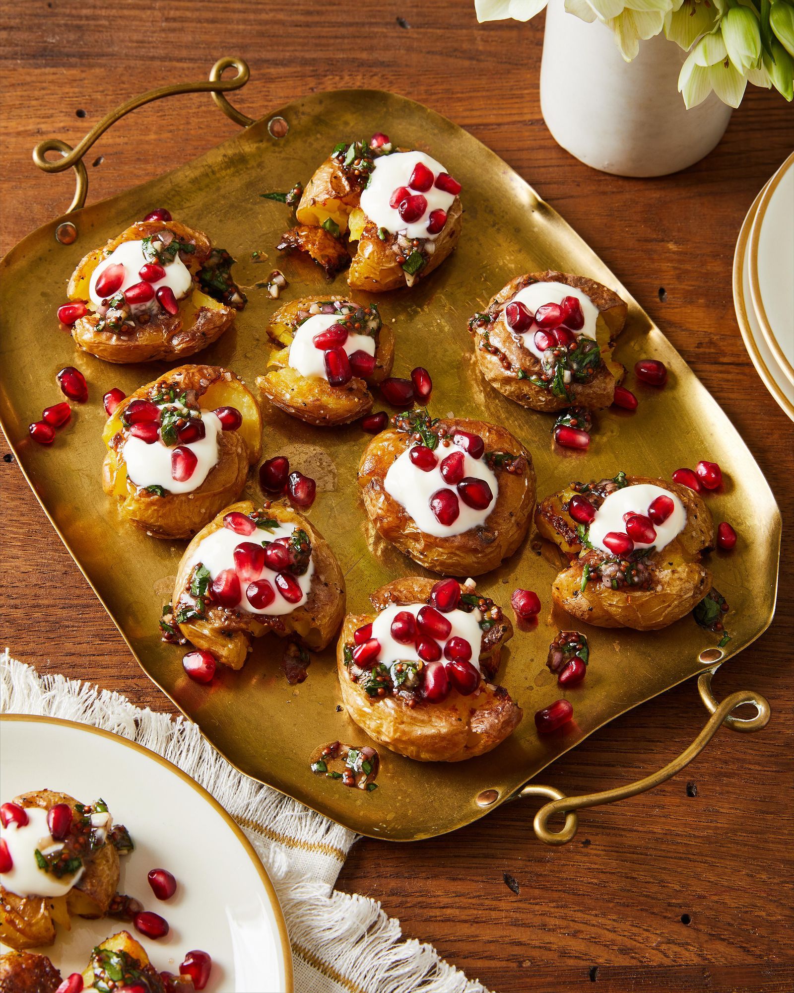 Roasted Smashed Potatoes with Pomegranate Arils | POM Wonderful