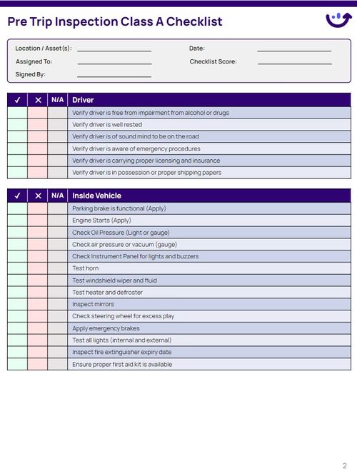 Pre Trip Inspection Class A Checklist | Xenia Templates