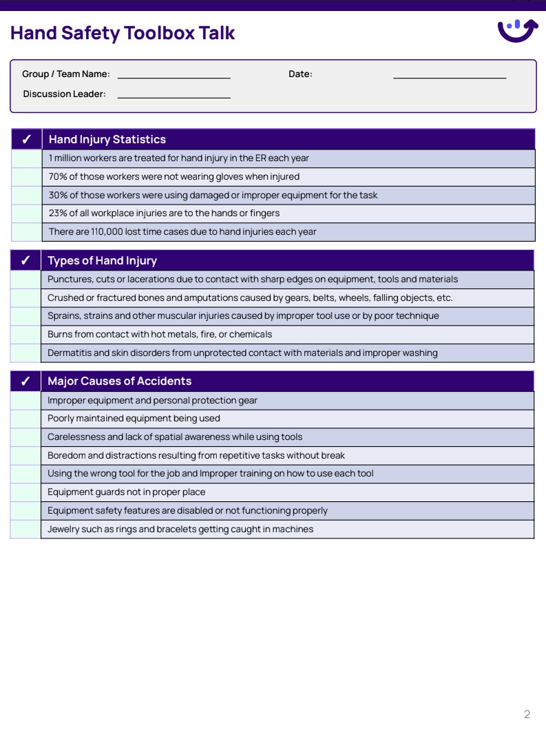 Hand Safety Toolbox Talk Template | Xenia Templates