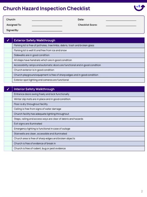 Church Hazard Inspection Checklist | Xenia Templates