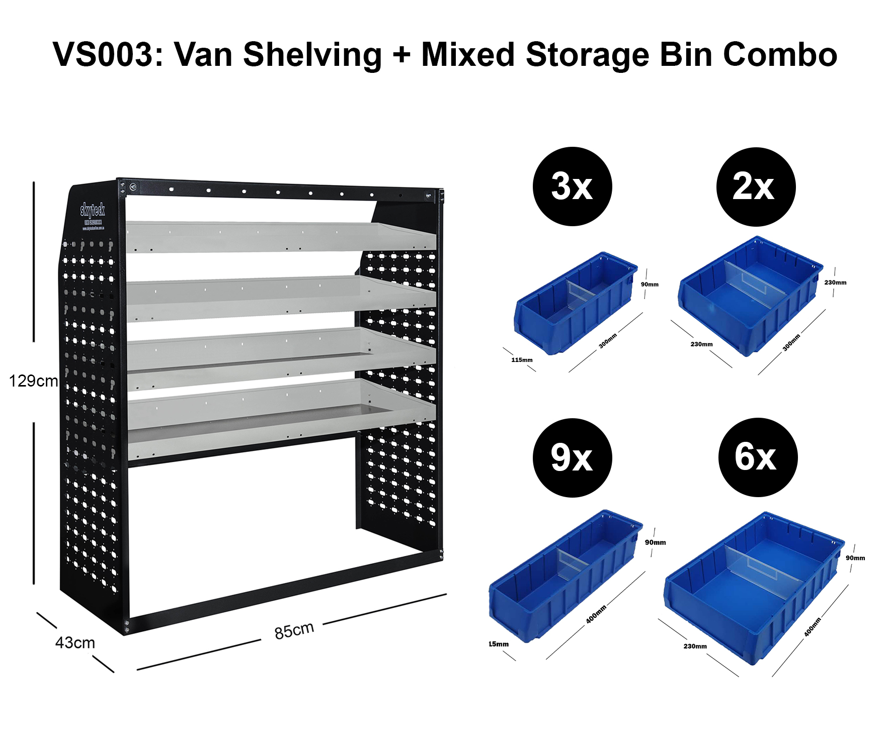 Van Shelving Mixed Storage Bin Combo 85CM(L) X 43CM(D) X 129CM(H)