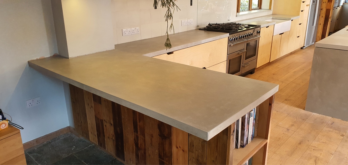 Concrete worktops and island in Dorset