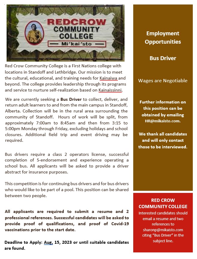 Seeking Bus Driver | Careers | Red Crow Community College