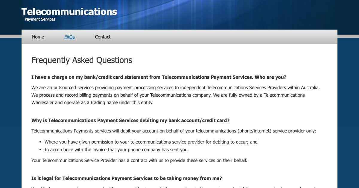 Telecommunications Payment Services frequently asked questions