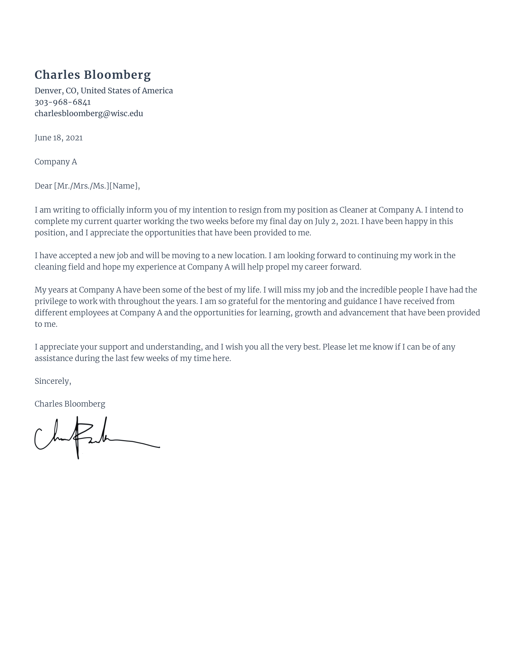 Free Cleaner Resignation Letter Sample Rezi Free Cleaner Resignation Letter Sample Rezi