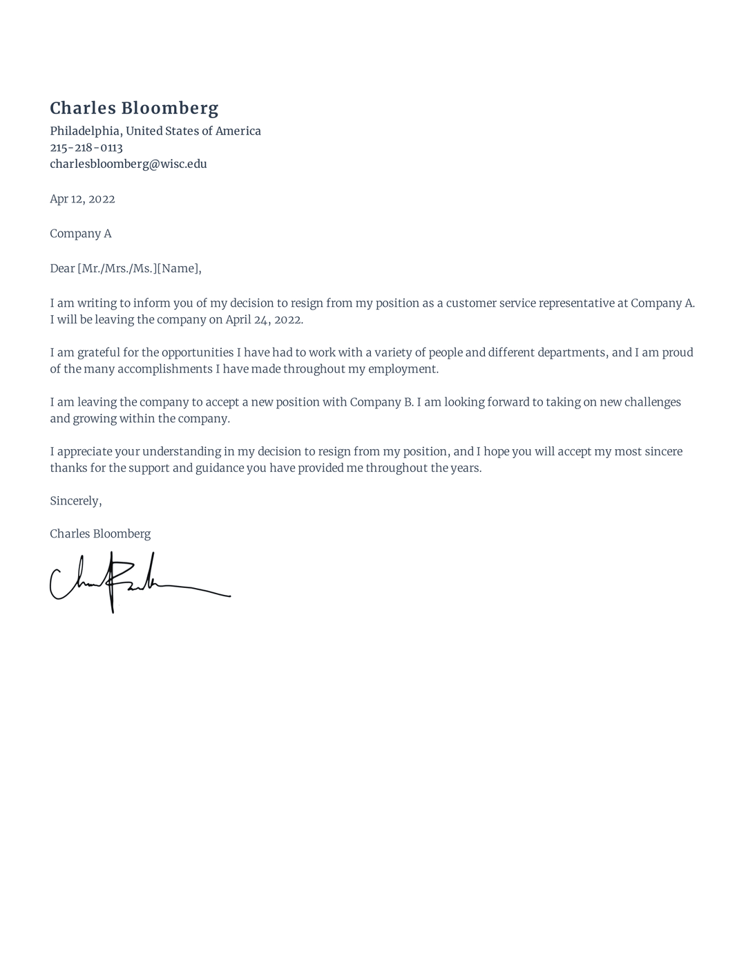 Free Customer Support Resignation Letter Sample - Rezi