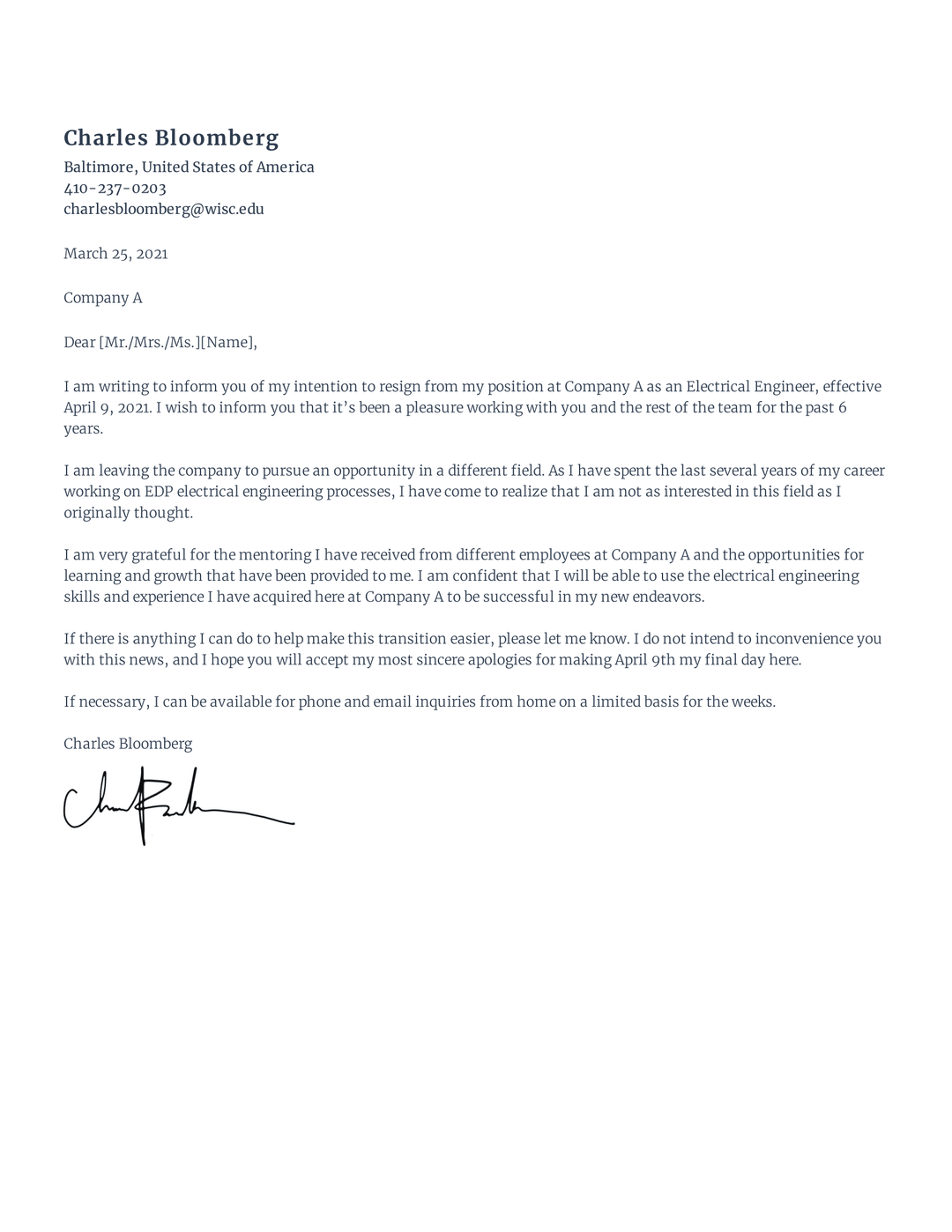 Free Electrical Engineer Resignation Letter Sample - Rezi