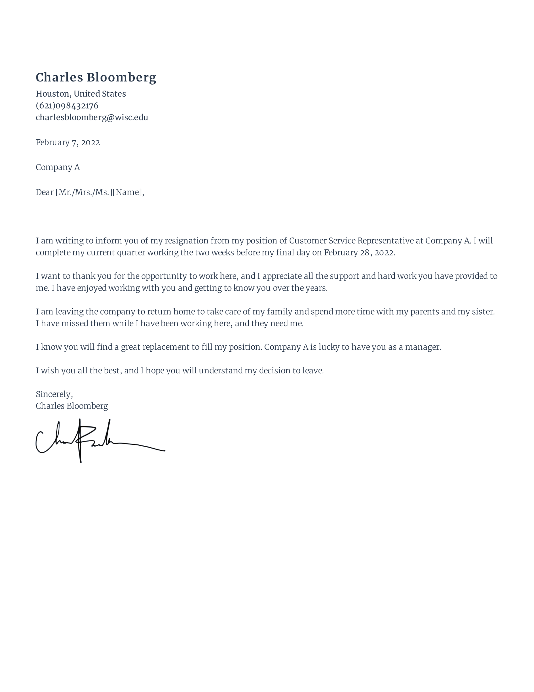 Free Family Circumstances Resignation Letter Sample Rezi