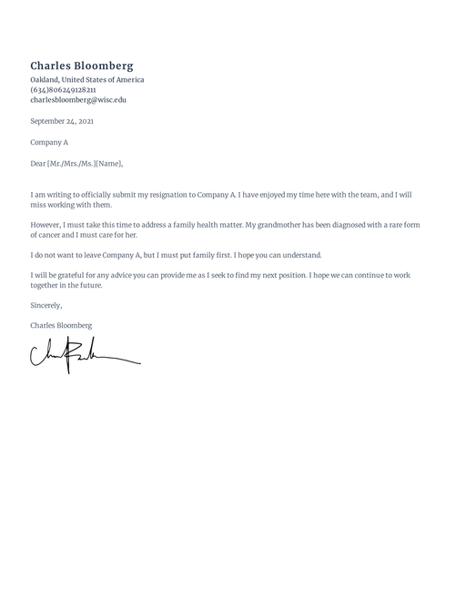 Free Family Health Issue Resignation Letter Sample - Rezi